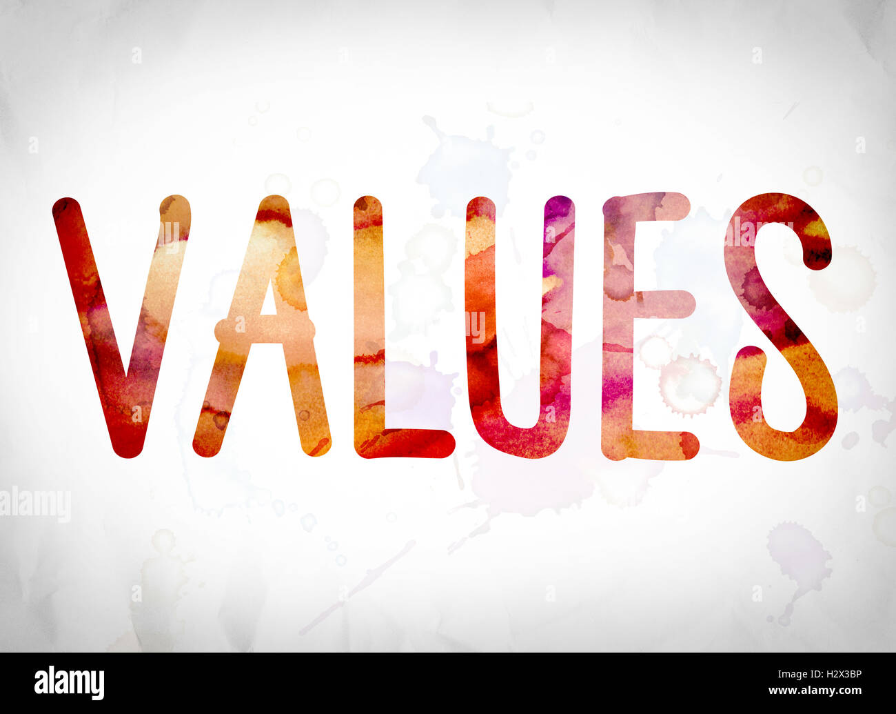 The word "Values" written in watercolor washes over a white paper ...