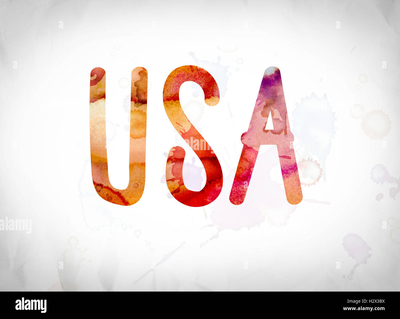 The word "USA" written in watercolor washes over a white paper ...
