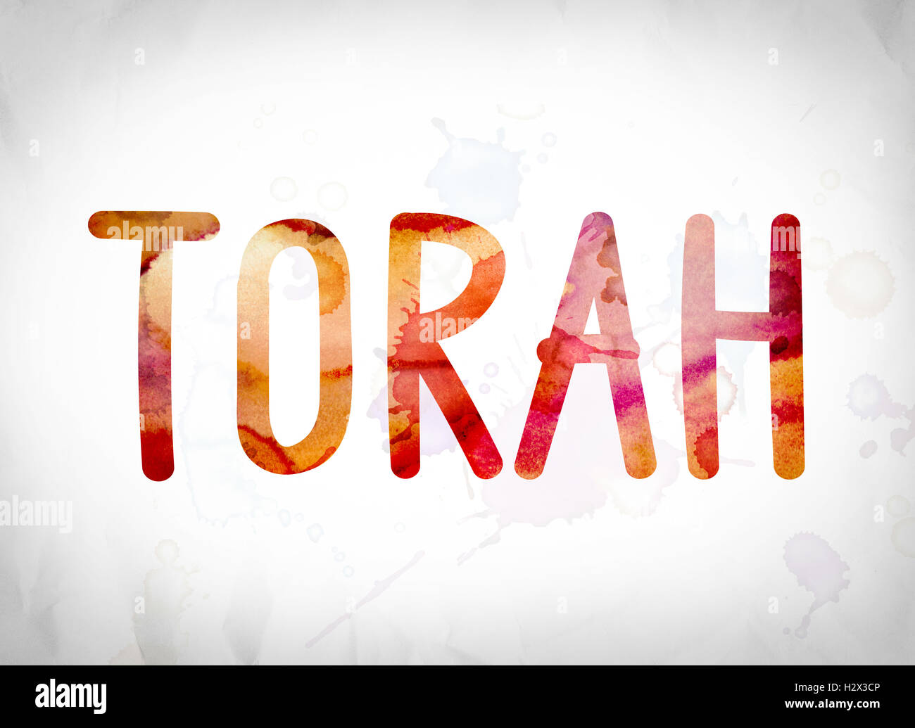 The word "Torah" written in watercolor washes over a white paper ...