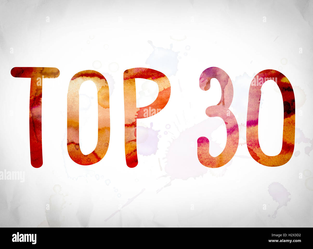 The word "Top 30" written in watercolor washes over a white paper ...