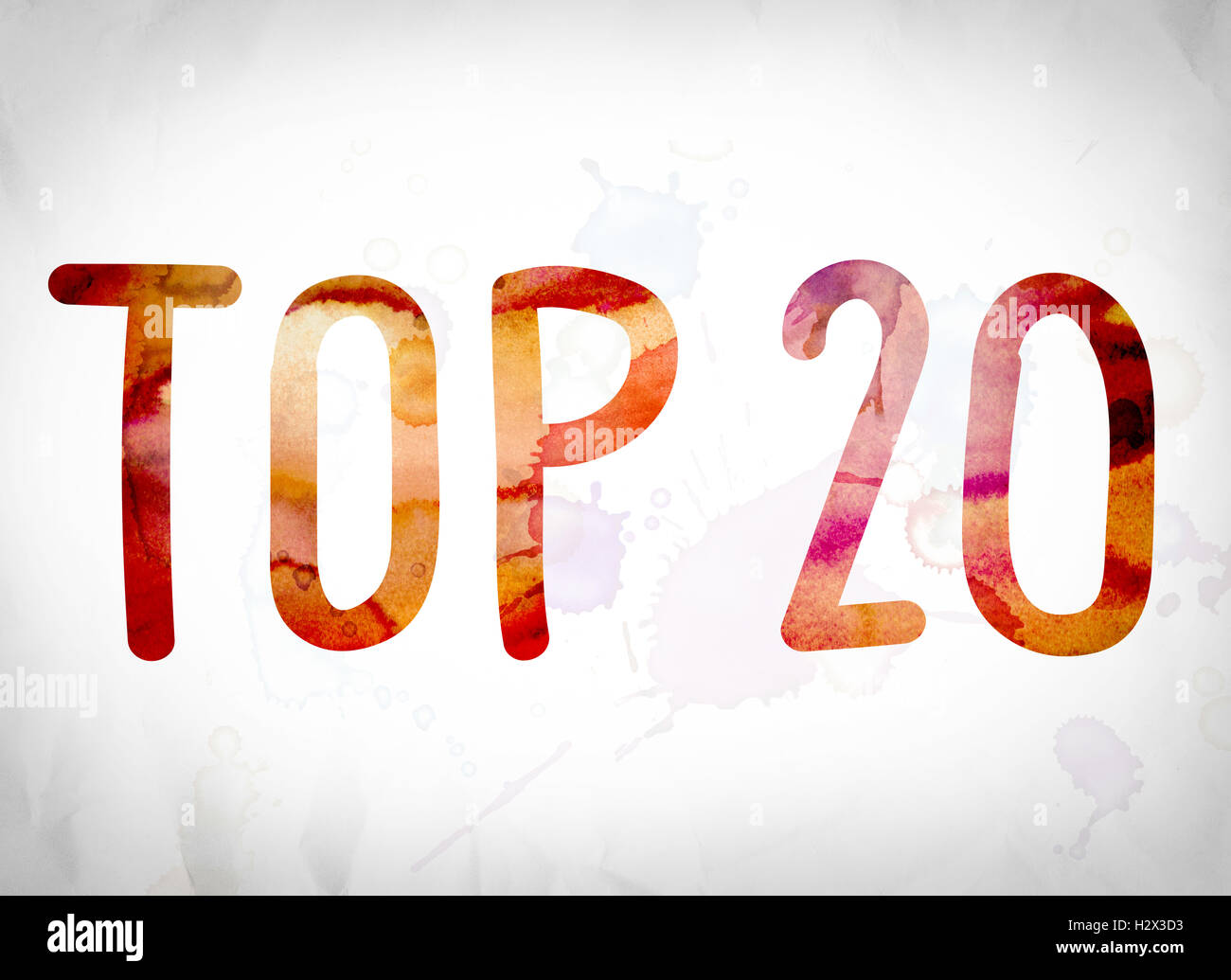 The word "Top 20" written in watercolor washes over a white paper ...