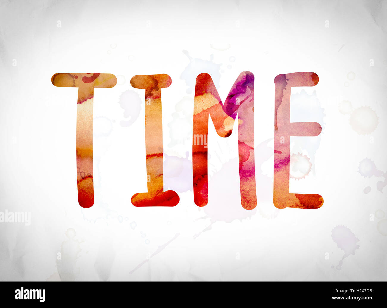 The word "Time" written in watercolor washes over a white paper ...