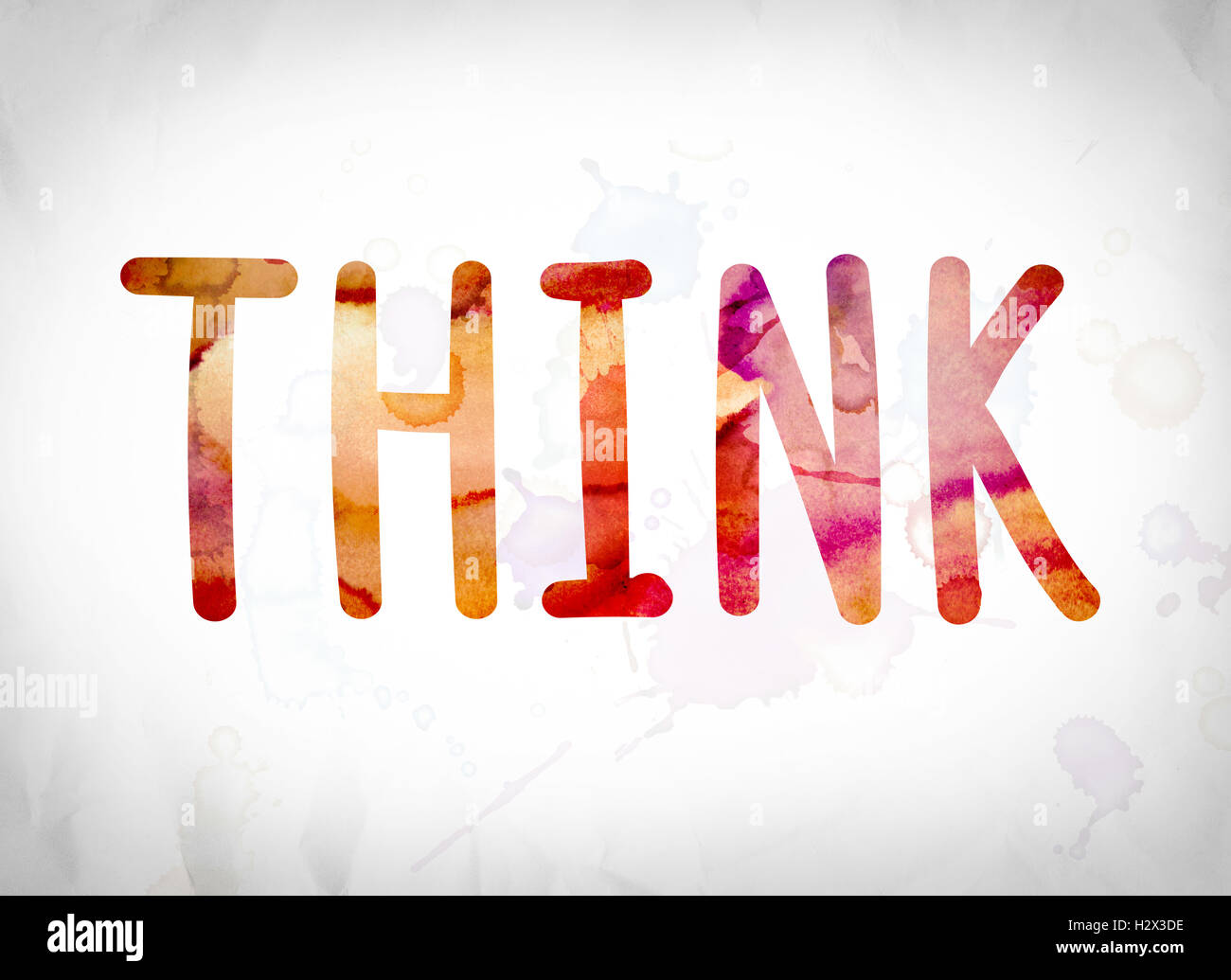 The word "Think" written in watercolor washes over a white paper ...