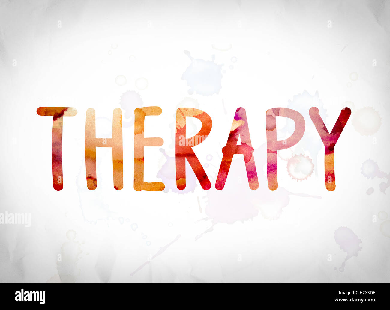The word "Therapy" written in watercolor washes over a white paper ...