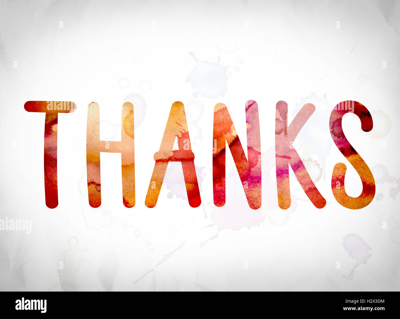 The word "Thanks" written in watercolor washes over a white paper ...