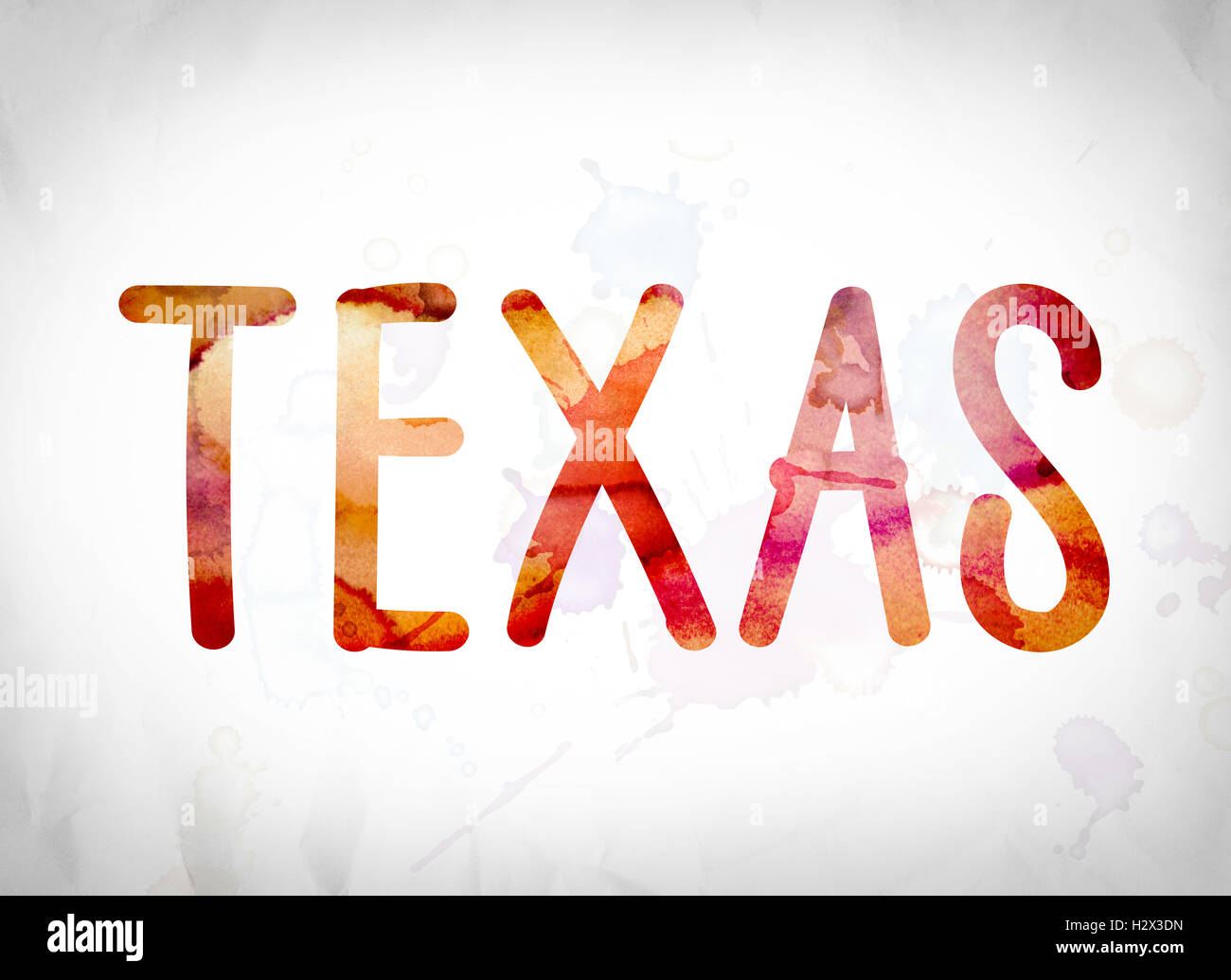 The word "Texas" written in watercolor washes over a white paper ...