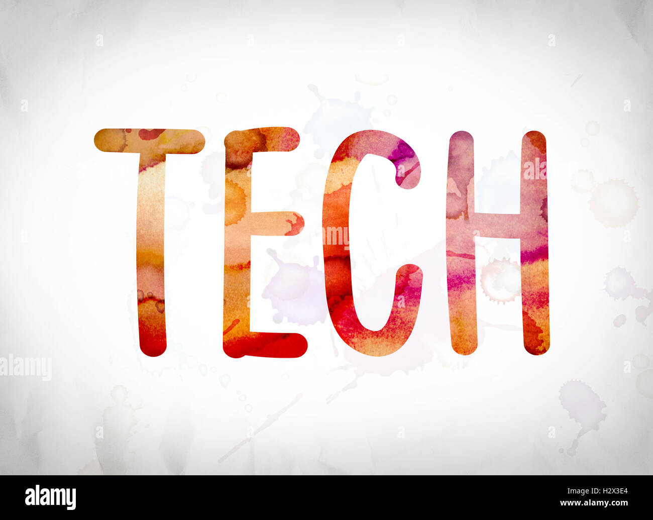 The word "Tech" written in watercolor washes over a white paper ...