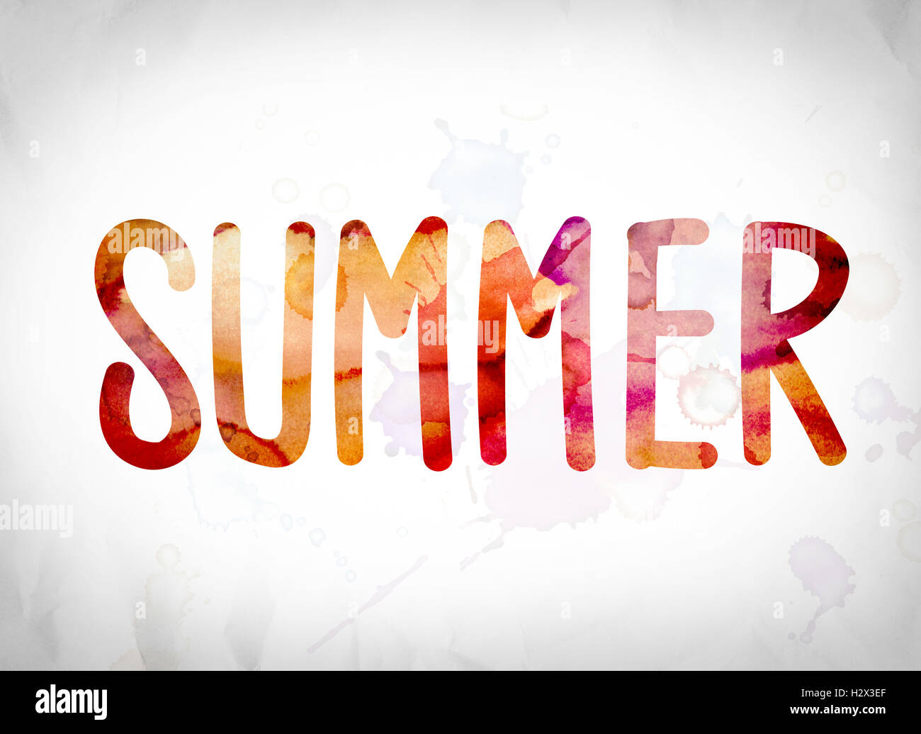 The word "Summer" written in watercolor washes over a white paper ...