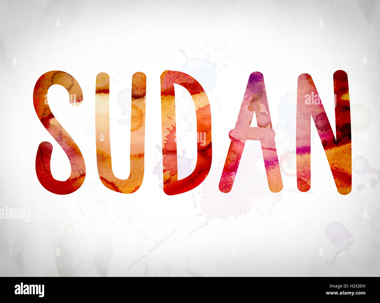 The word "Sudan" written in watercolor washes over a white paper ...