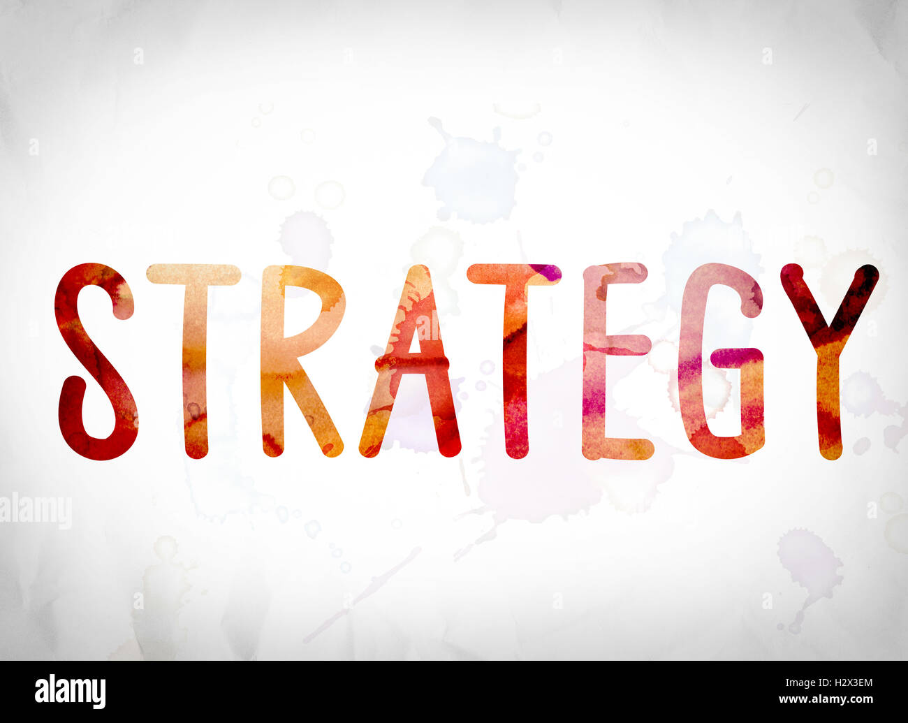 The word "Strategy" written in watercolor washes over a white paper ...