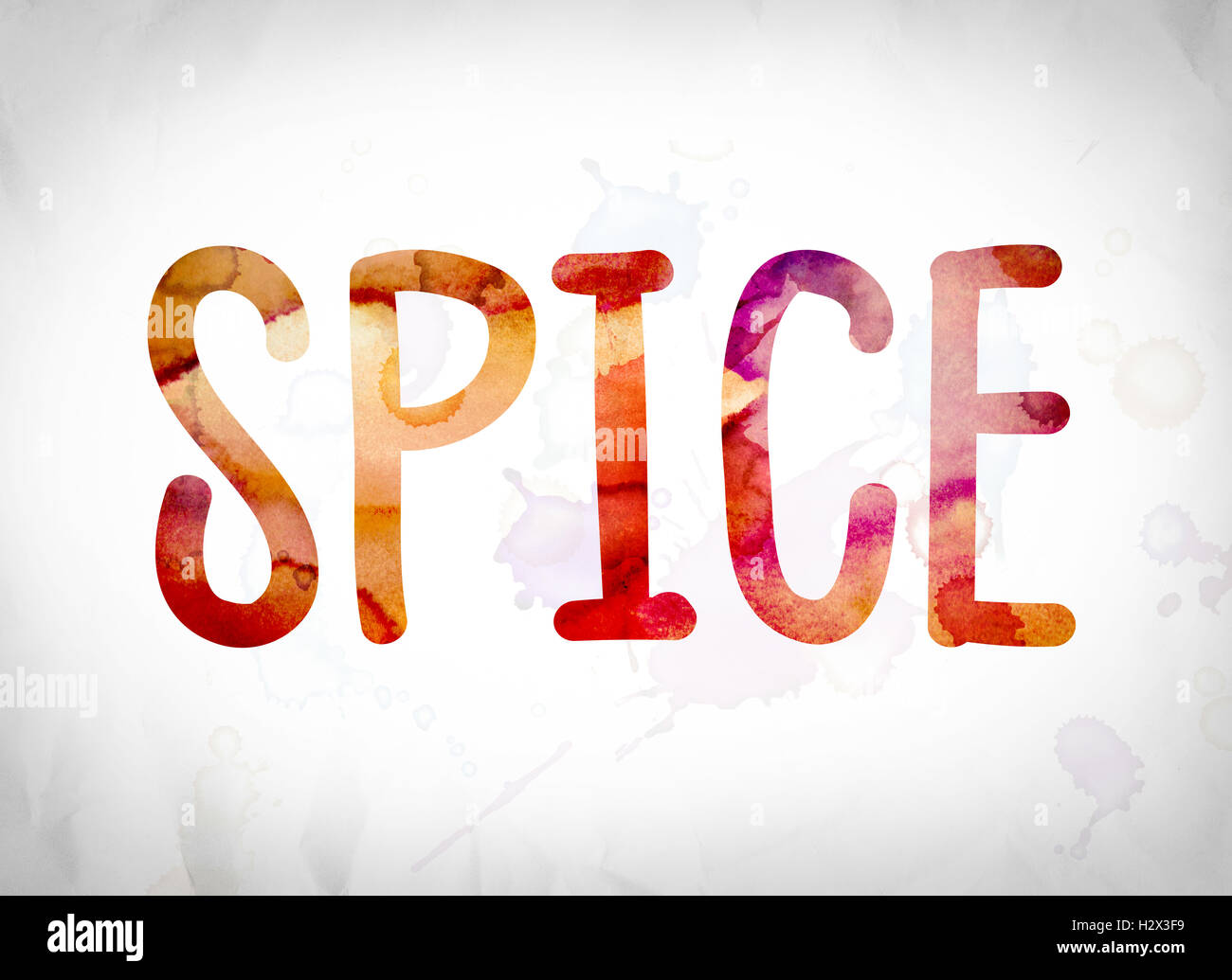 The word "Spice" written in watercolor washes over a white paper ...