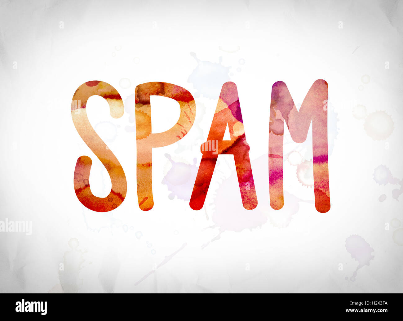 The word "Spam" written in watercolor washes over a white paper ...