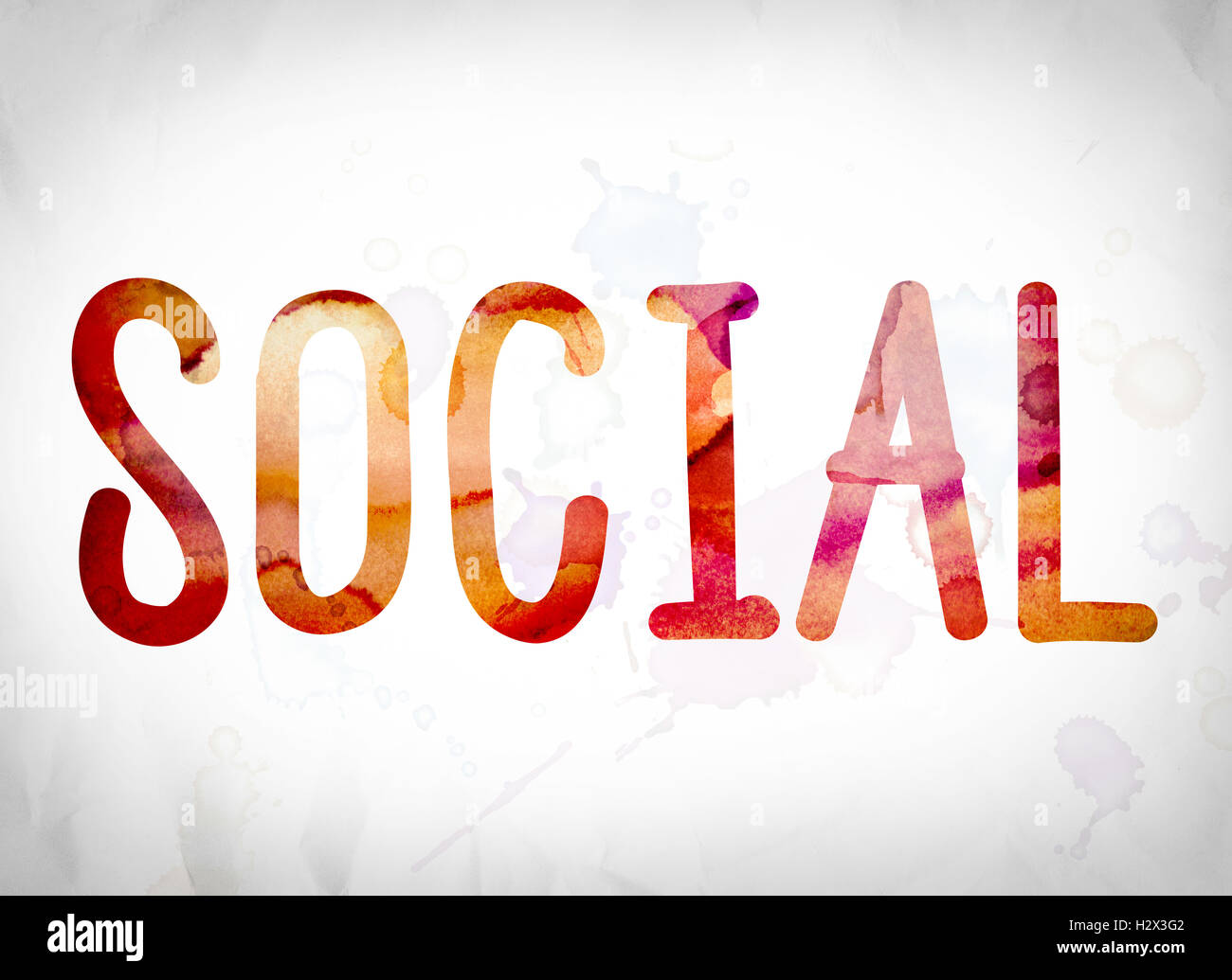 The word "Social" written in watercolor washes over a white paper ...