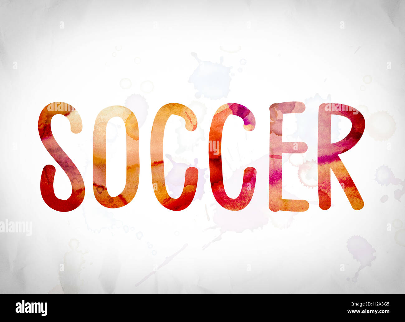 The word "Soccer" written in watercolor washes over a white paper ...