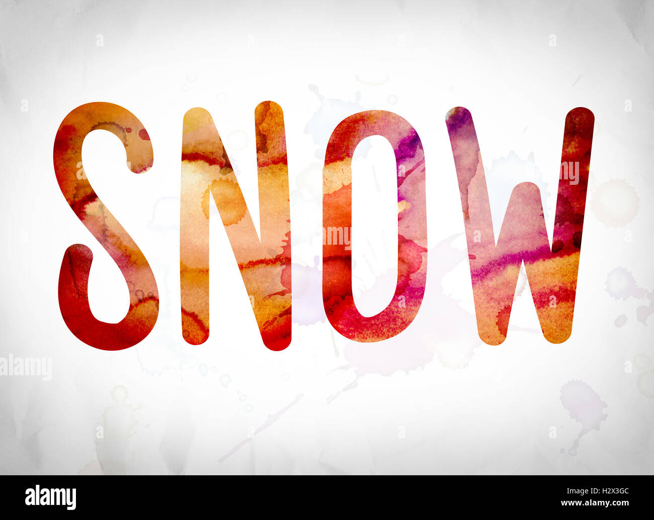 The word "Snow" written in watercolor washes over a white paper ...