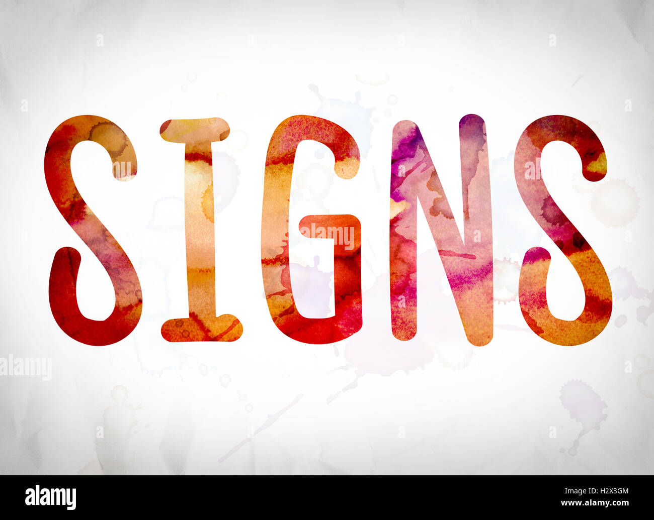 The word "Signs" written in watercolor washes over a white paper ...