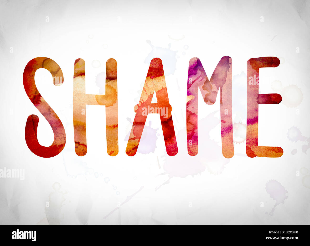 The word "Shame" written in watercolor washes over a white paper ...