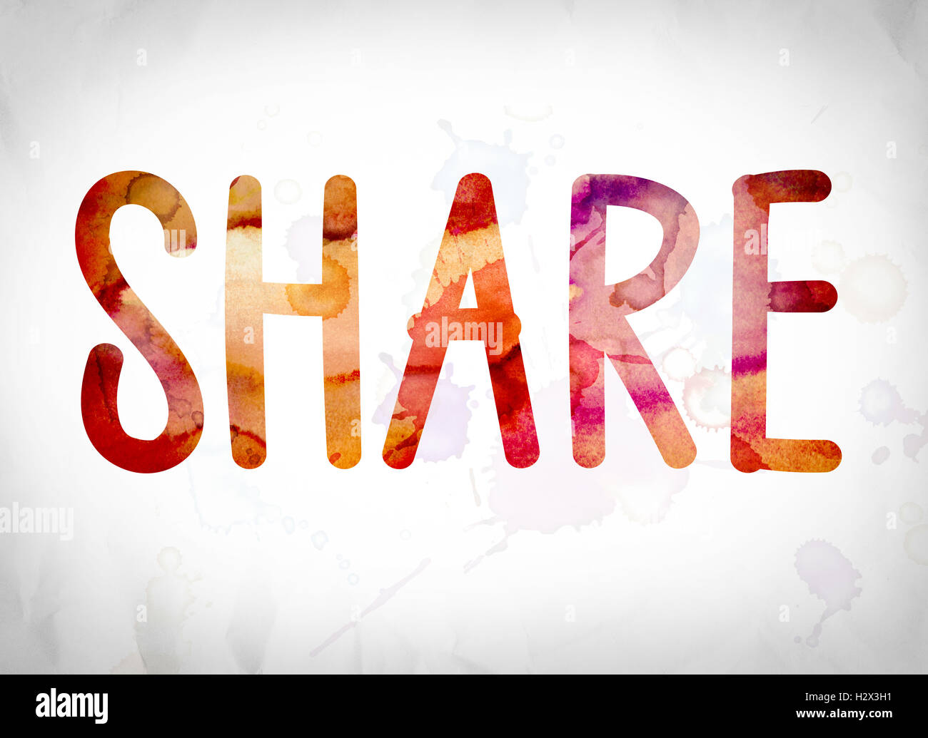 The word "Share" written in watercolor washes over a white paper ...