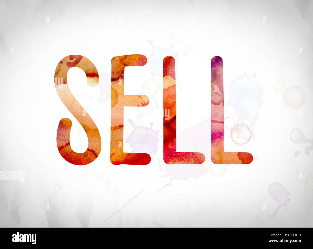 The word "Sell" written in watercolor washes over a white paper ...
