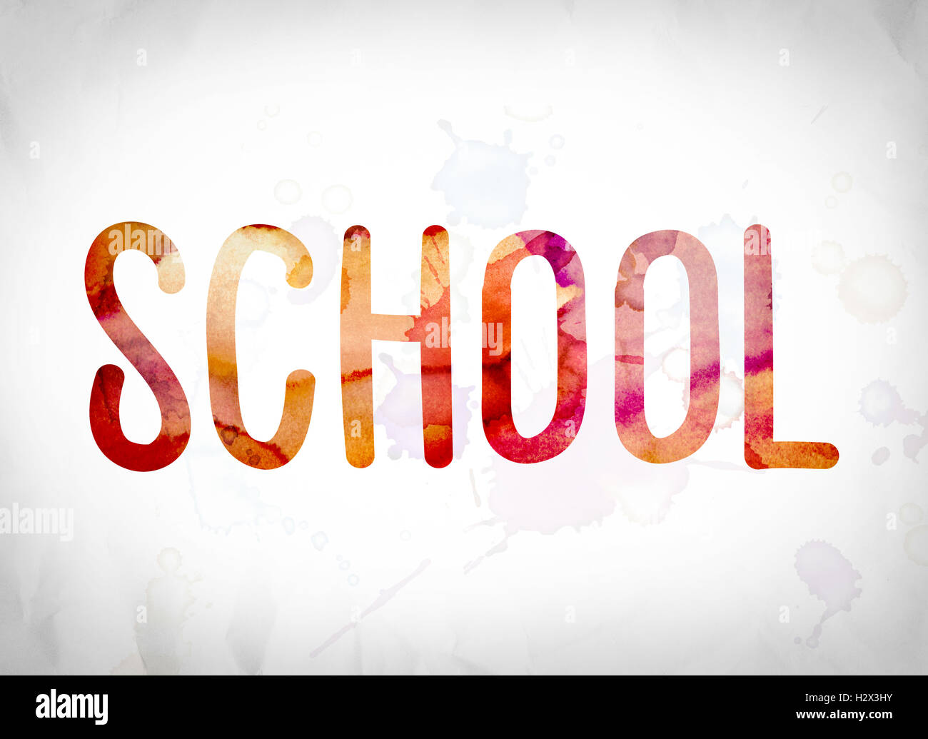 The word "School" written in watercolor washes over a white paper ...