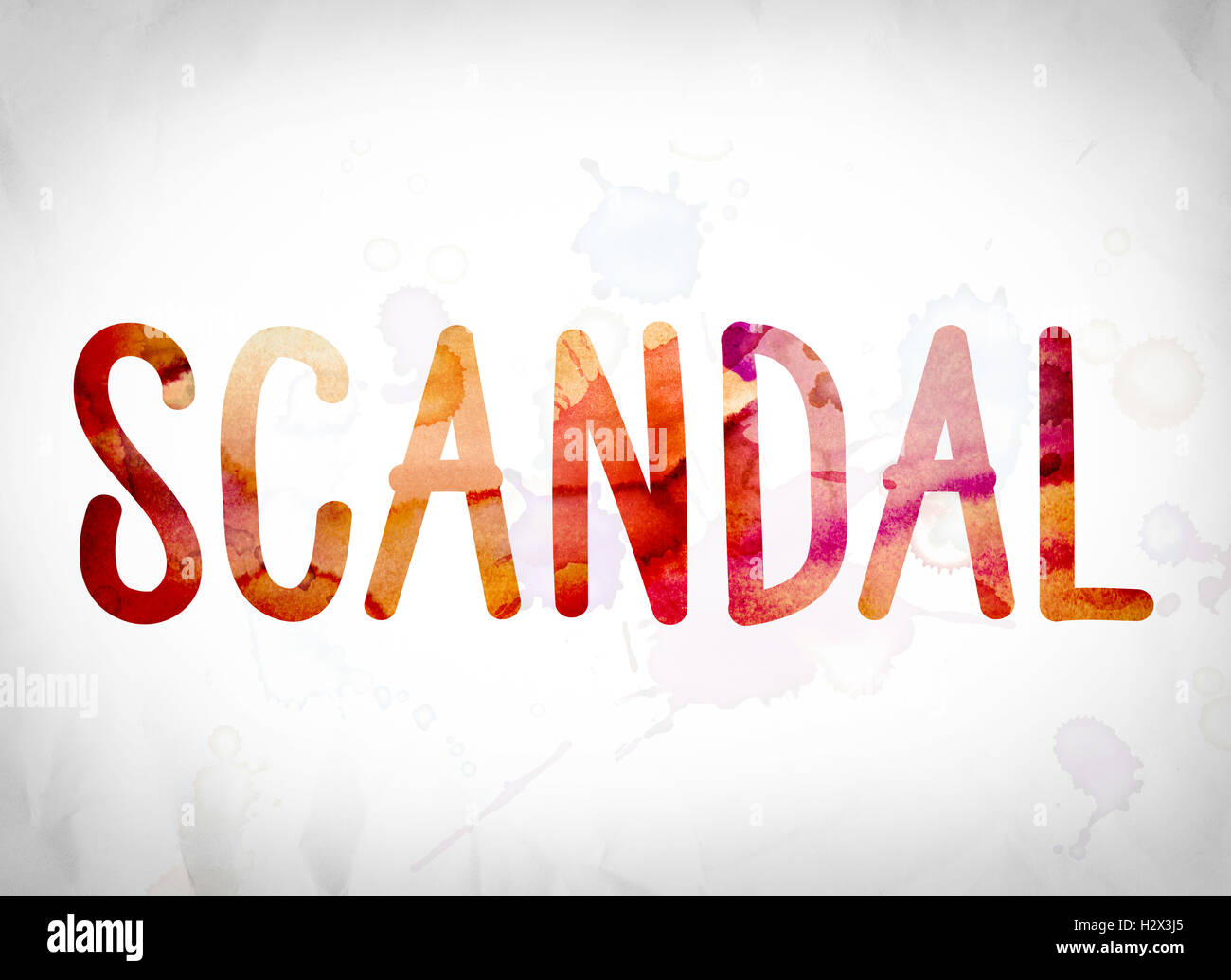 The word "Scandal" written in watercolor washes over a white paper ...