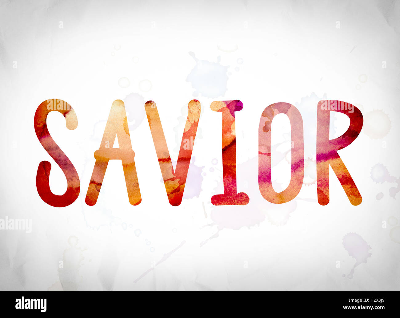 The word "Savior" written in watercolor washes over a white paper ...