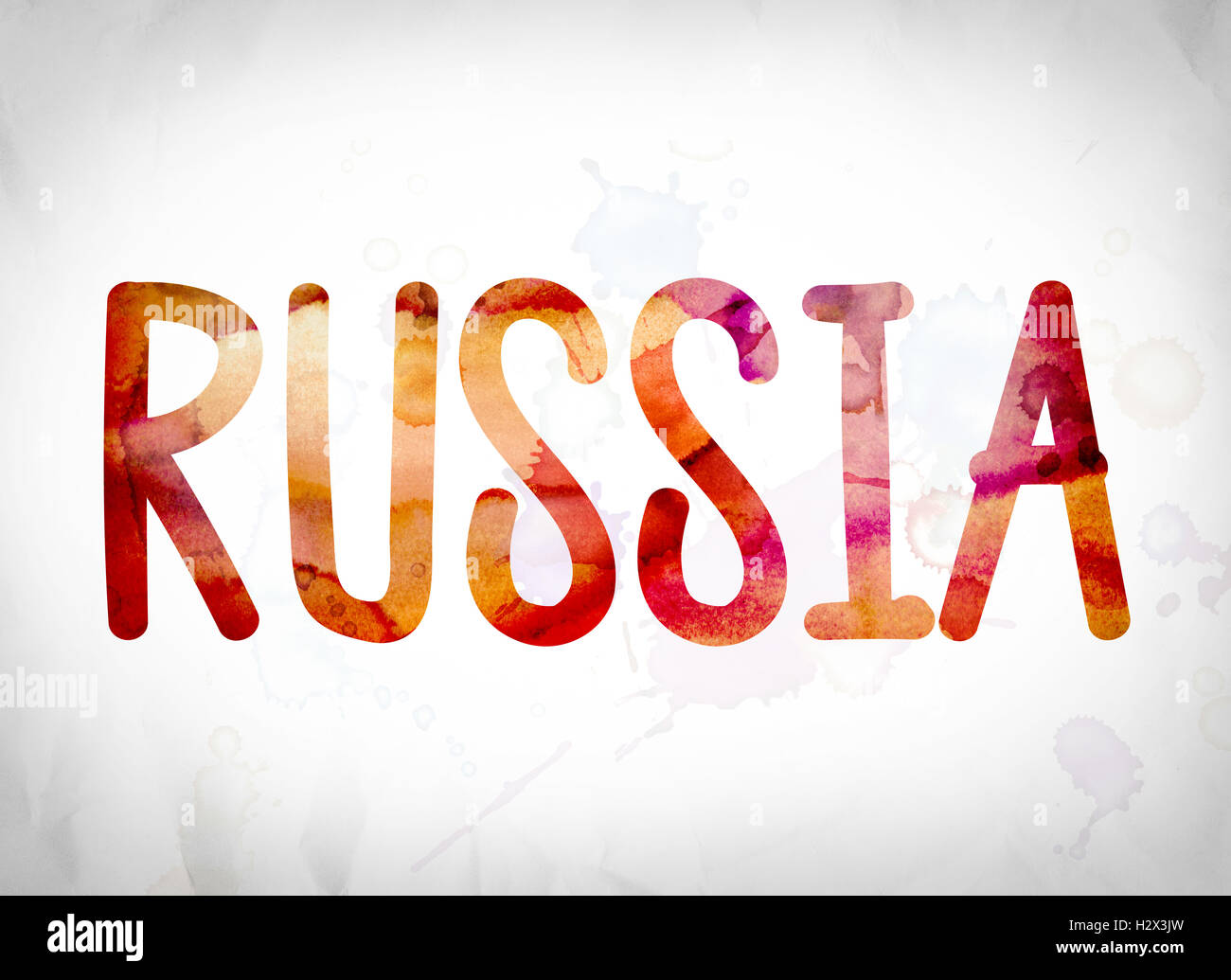 The word "Russia" written in watercolor washes over a white paper ...