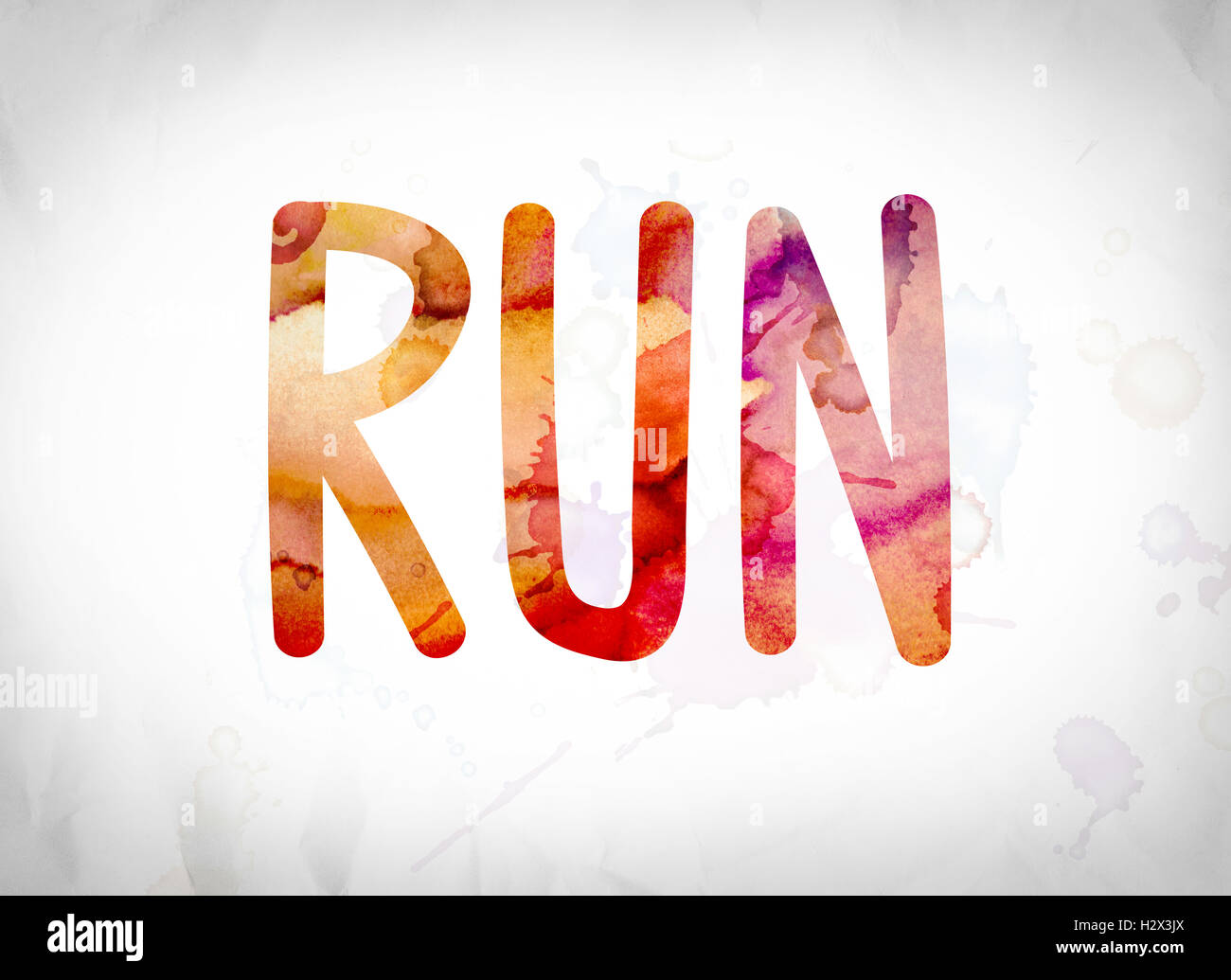 The word "Run" written in watercolor washes over a white paper ...