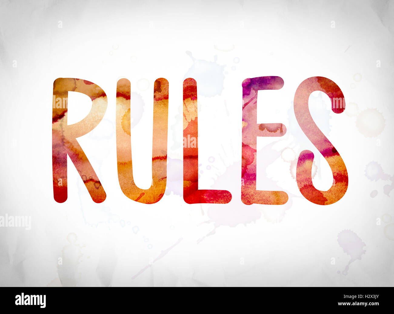 The word "Rules" written in watercolor washes over a white paper ...