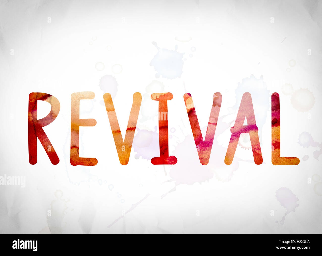 The word "Revival" written in watercolor washes over a white paper ...