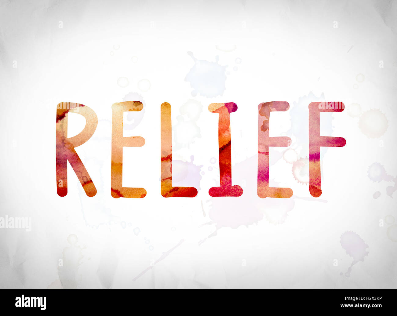 The word "Relief" written in watercolor washes over a white paper ...