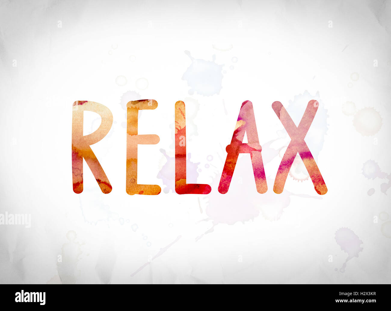 The word "Relax" written in watercolor washes over a white paper ...