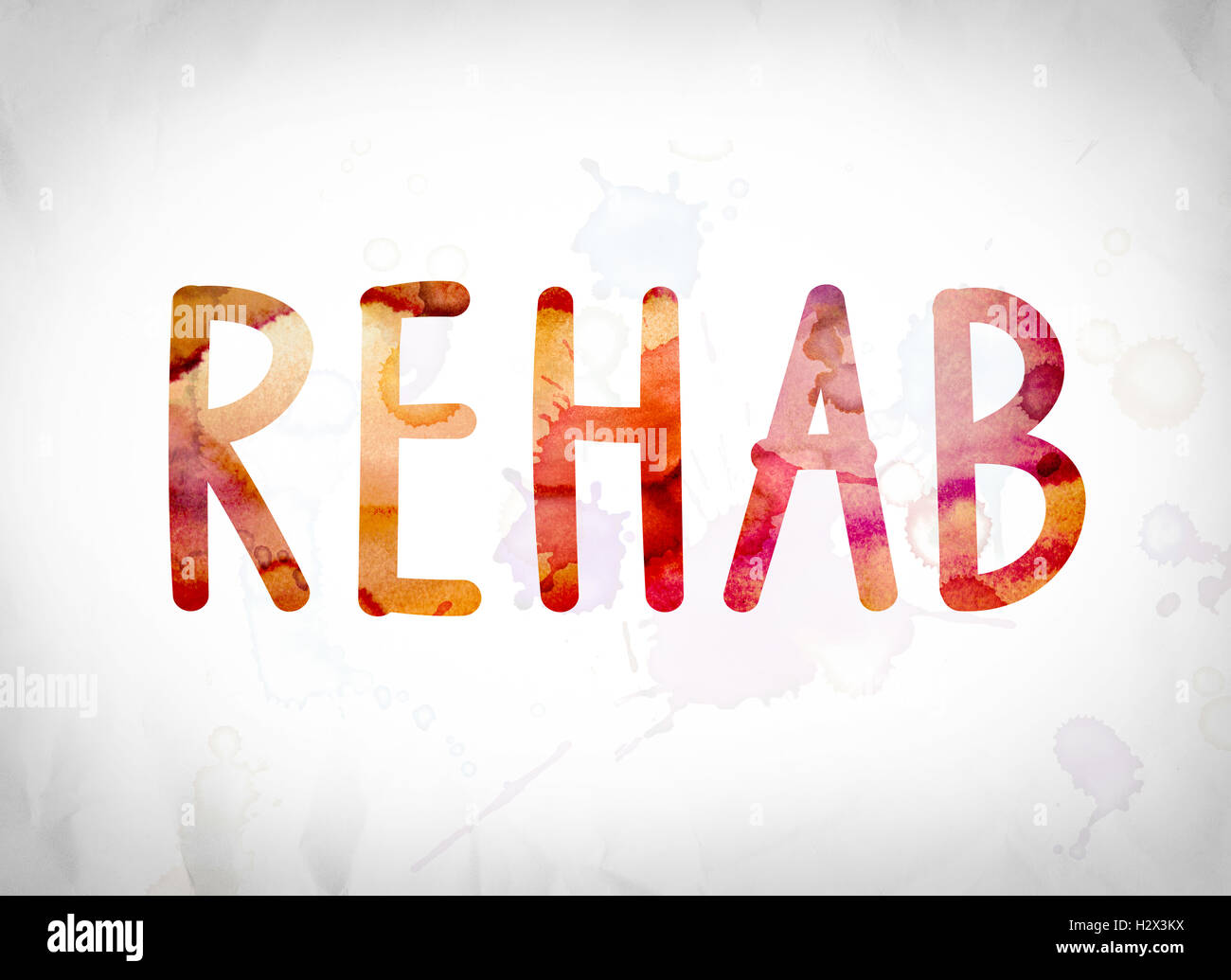 The word "Rehab" written in watercolor washes over a white paper ...