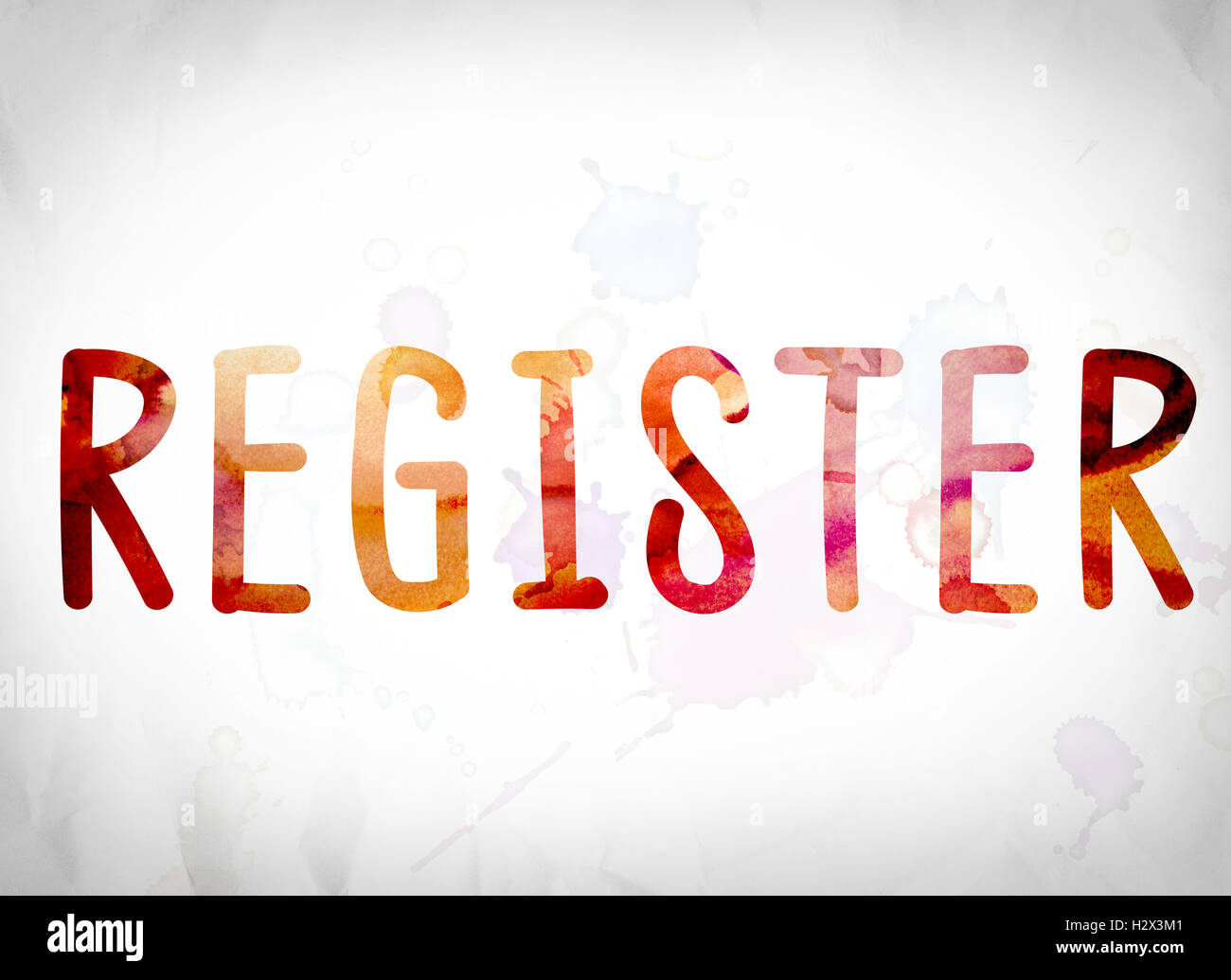 The word "Register" written in watercolor washes over a white paper ...