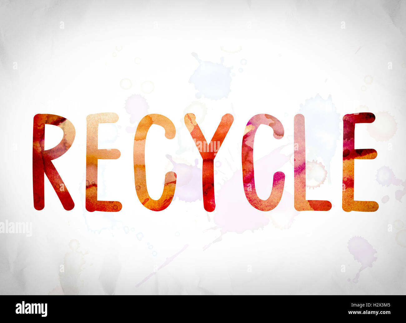 The word "Recycle" written in watercolor washes over a white paper ...