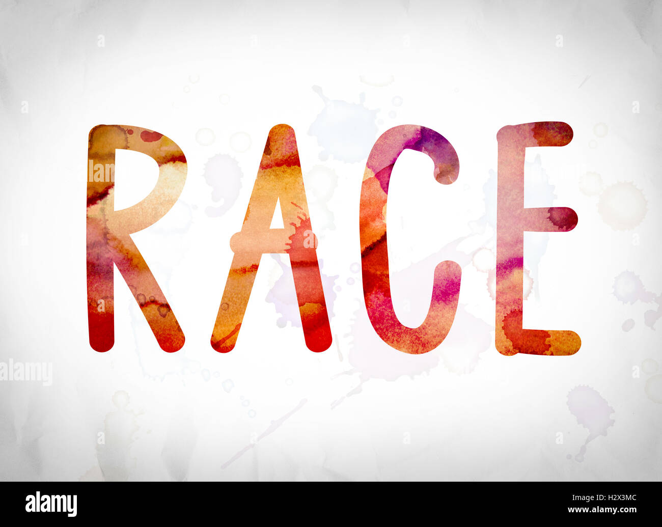 The word "Race" written in watercolor washes over a white paper ...