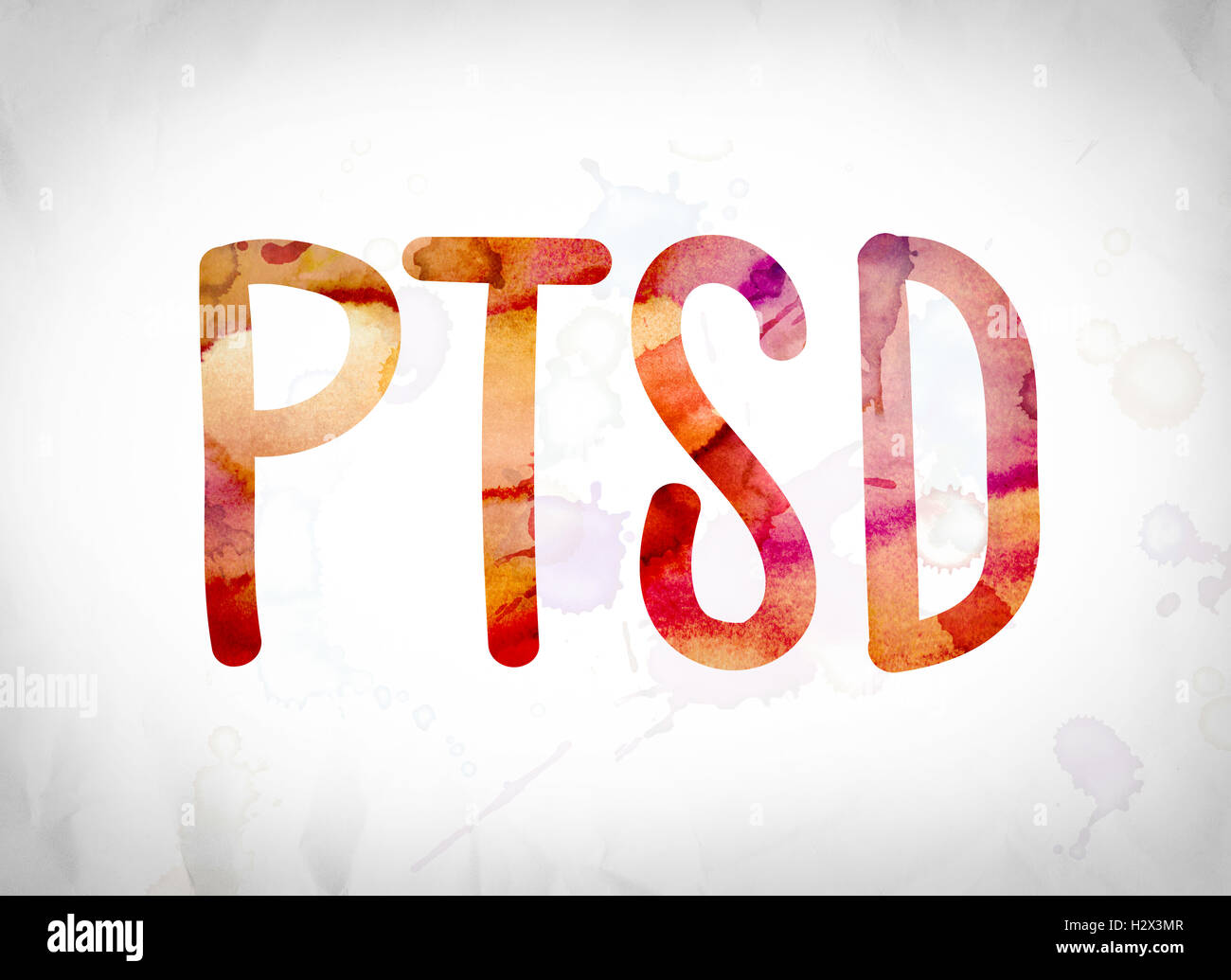 The word "PTSD" written in watercolor washes over a white paper ...