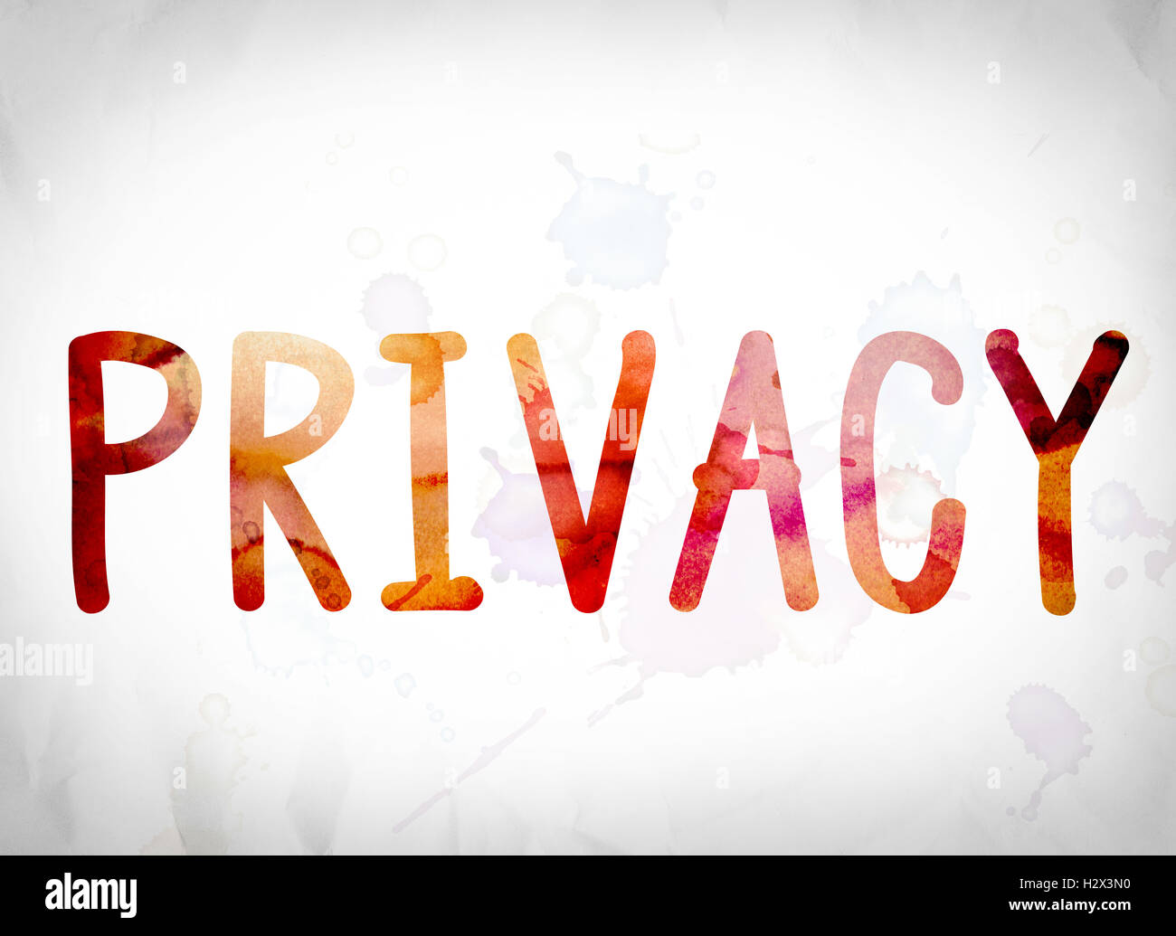 The word "Privacy" written in watercolor washes over a white paper ...