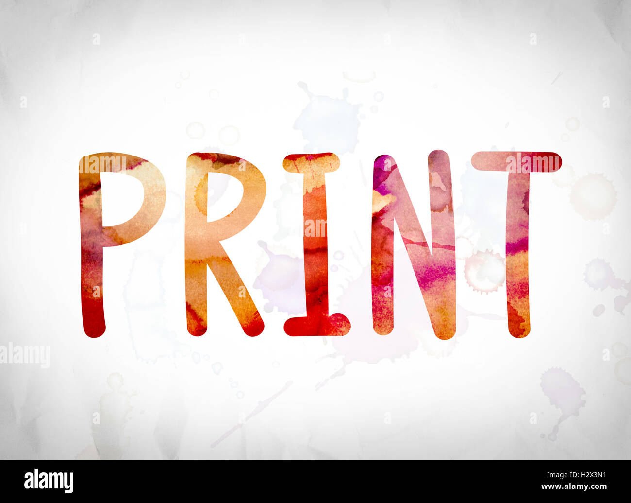 The word "Print" written in watercolor washes over a white paper ...