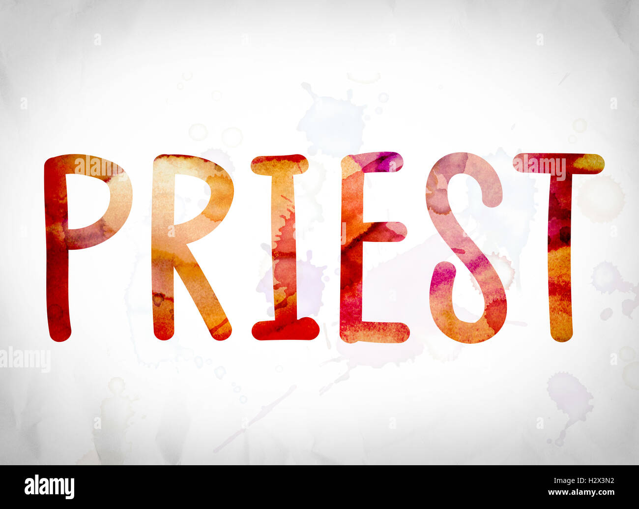 The word "Priest" written in watercolor washes over a white paper ...