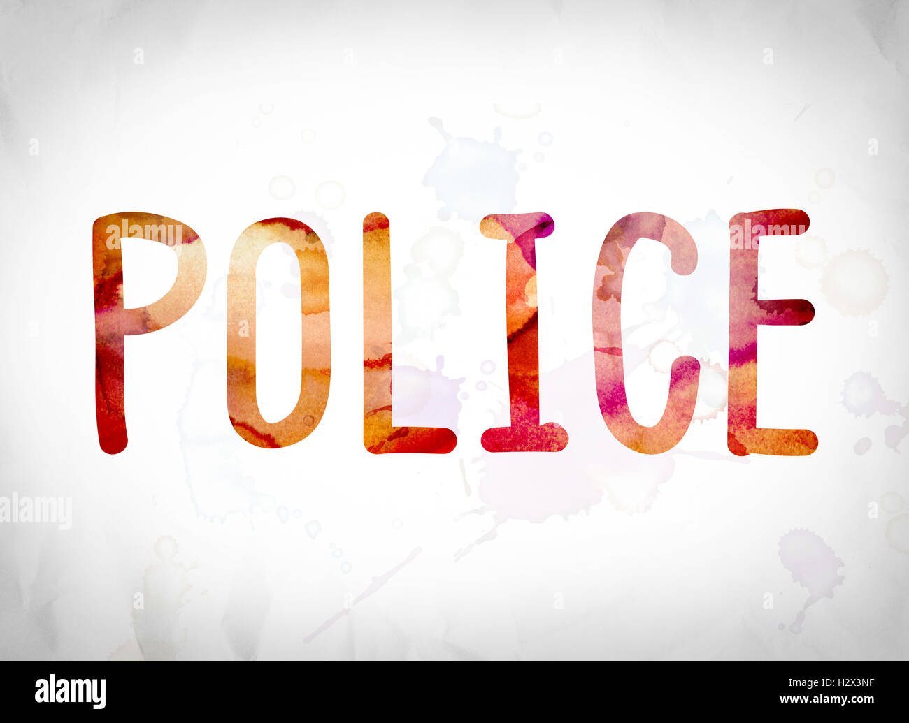 The word "Police" written in watercolor washes over a white paper ...