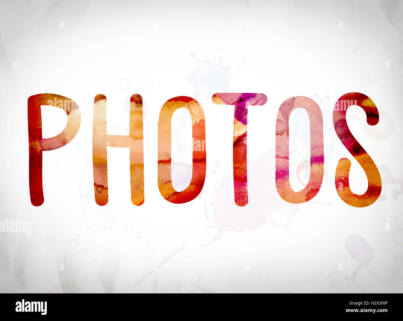 The word "Photos" written in watercolor washes over a white paper ...