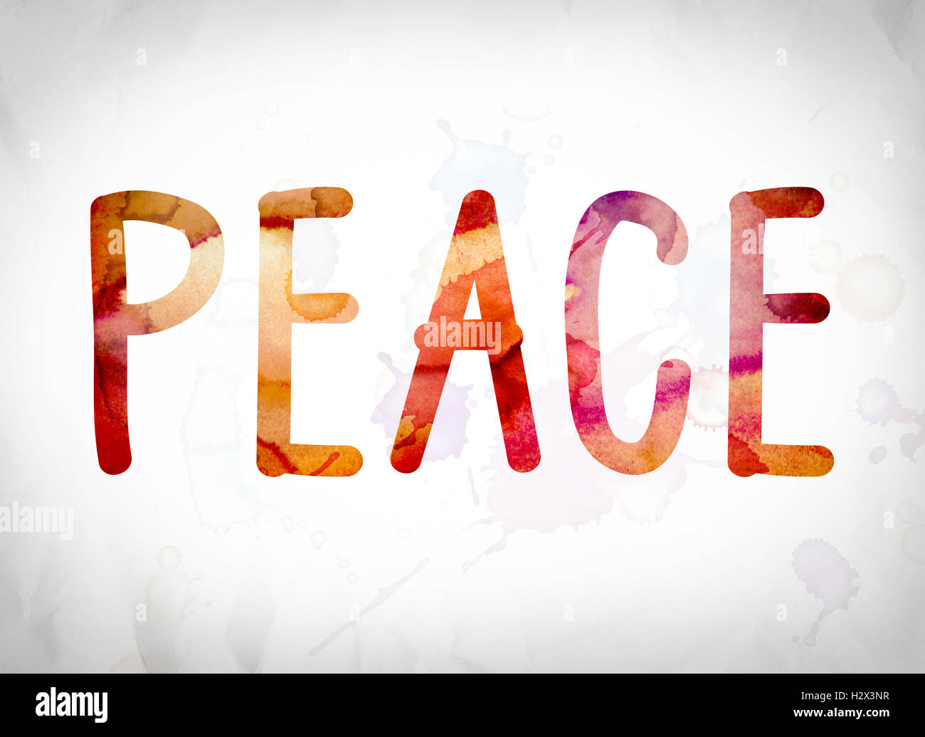 The word "Peace" written in watercolor washes over a white paper ...