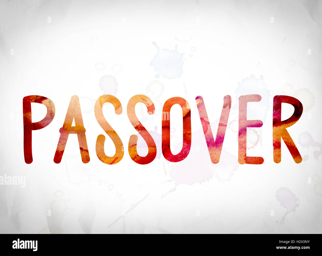 The word "Passover" written in watercolor washes over a white paper ...
