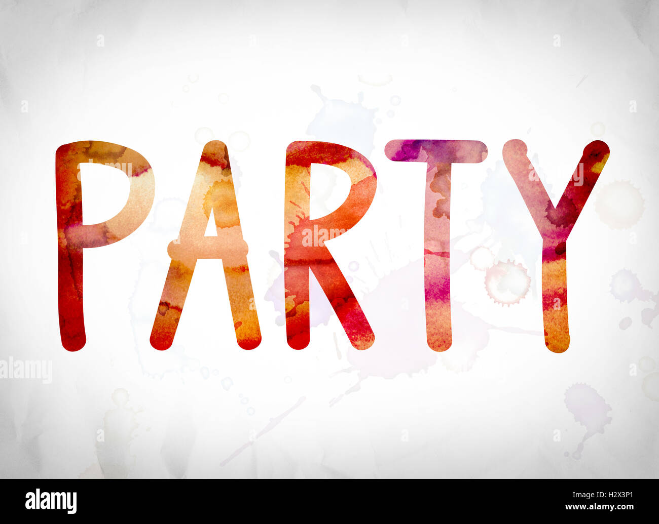 The word "Party" written in watercolor washes over a white paper ...