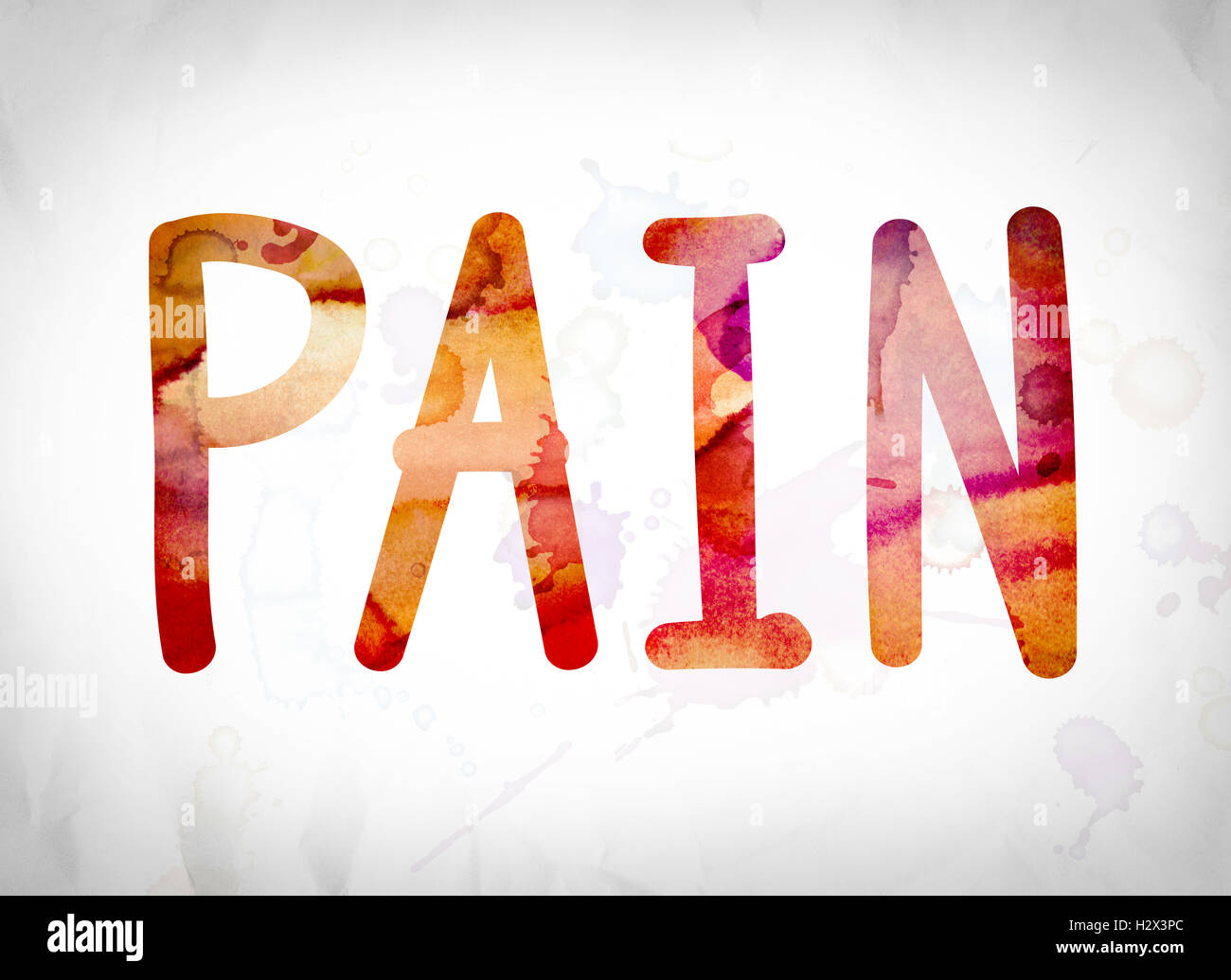 The word "Pain" written in watercolor washes over a white paper ...