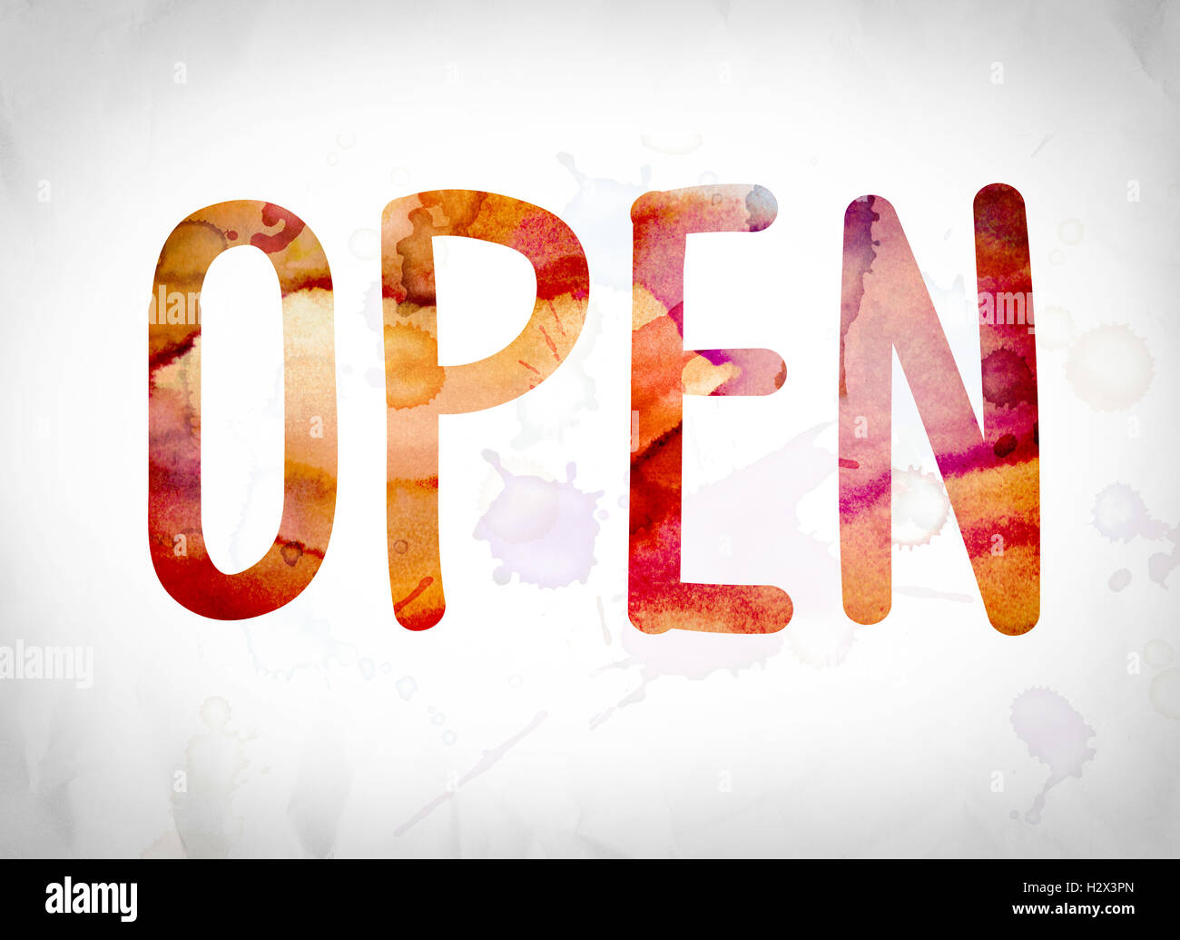 The word "Open" written in watercolor washes over a white paper ...