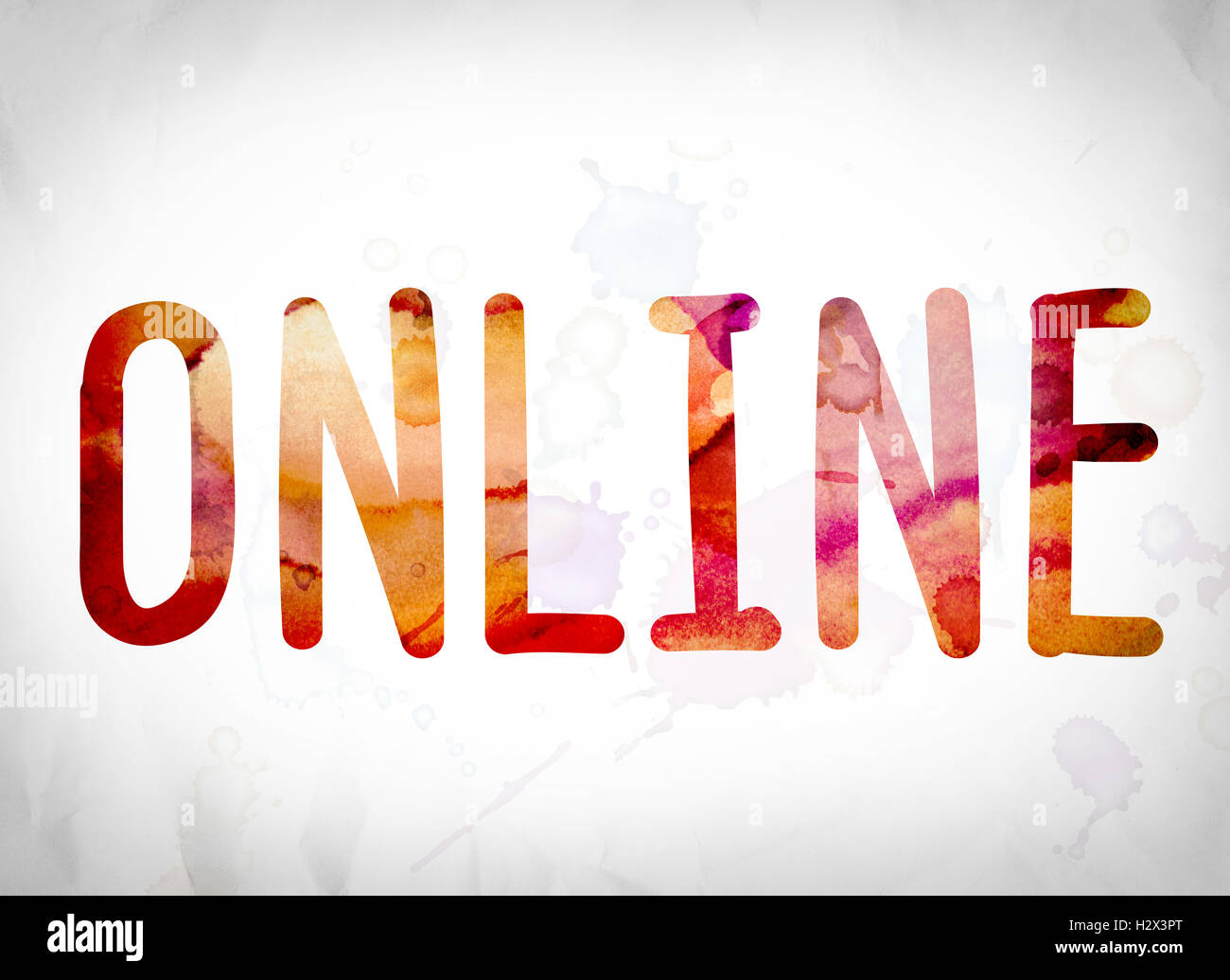 The word "Online" written in watercolor washes over a white paper ...