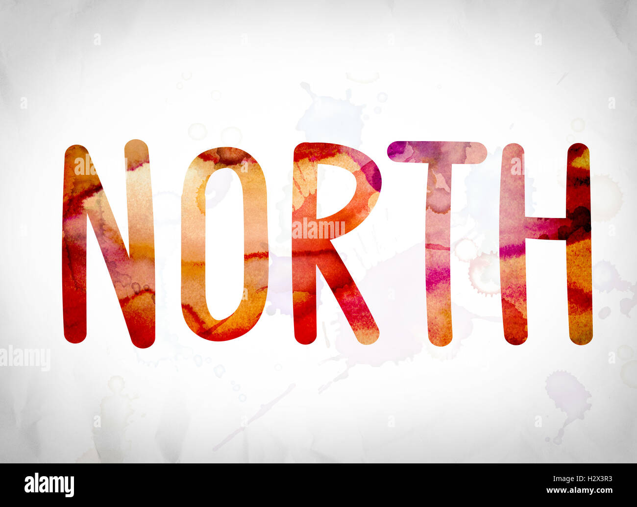 The word "North" written in watercolor washes over a white paper ...