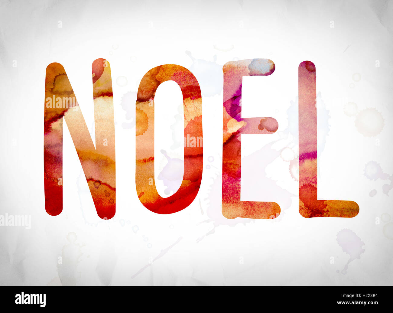 The word "Noel" written in watercolor washes over a white paper ...